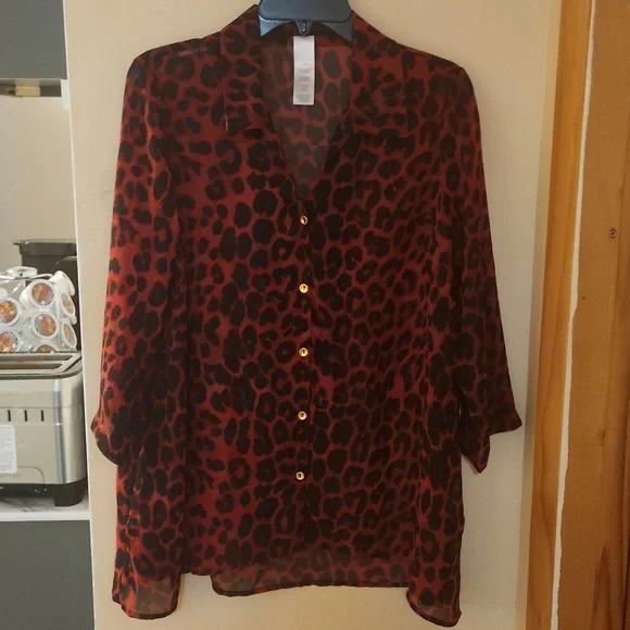 Avon | Tops | Avon Leopard Print Semi Sheer Button Down Blouse Red ...